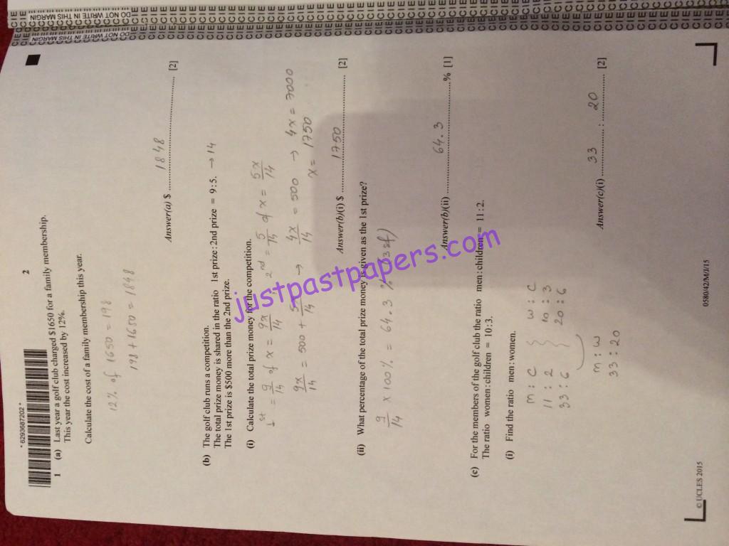 Cie 0580 Mathematics Igcse Paper 42 May June 2015 Answers
