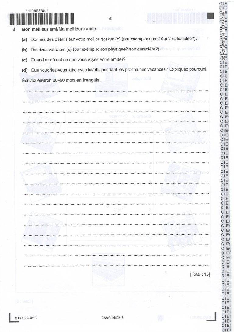 CIE – 0520, French, IGCSE, PAPER 4,Writing, MAY/JUNE 2016 – QUESTION ...