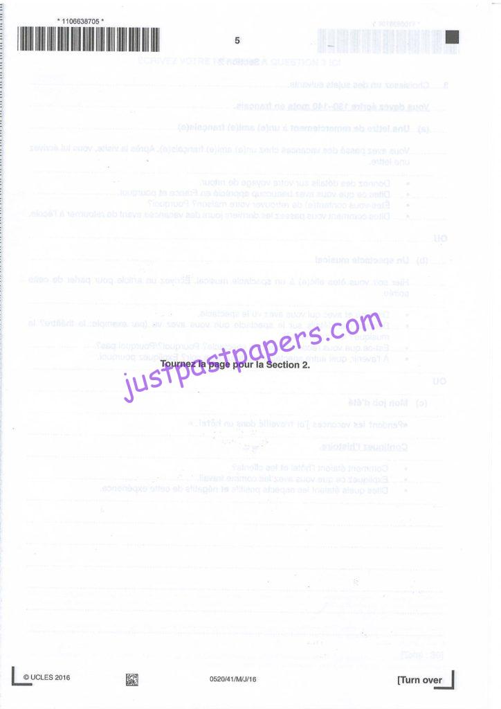 CIE – 0520, French, IGCSE, PAPER 4,Writing, MAY/JUNE 2016 – QUESTION ...