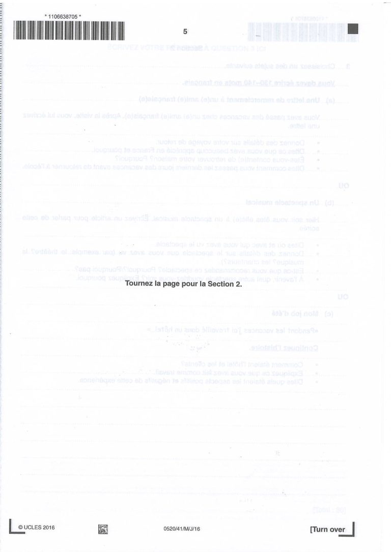 CIE – 0520, French, IGCSE, PAPER 4,Writing, MAY/JUNE 2016 – QUESTION ...