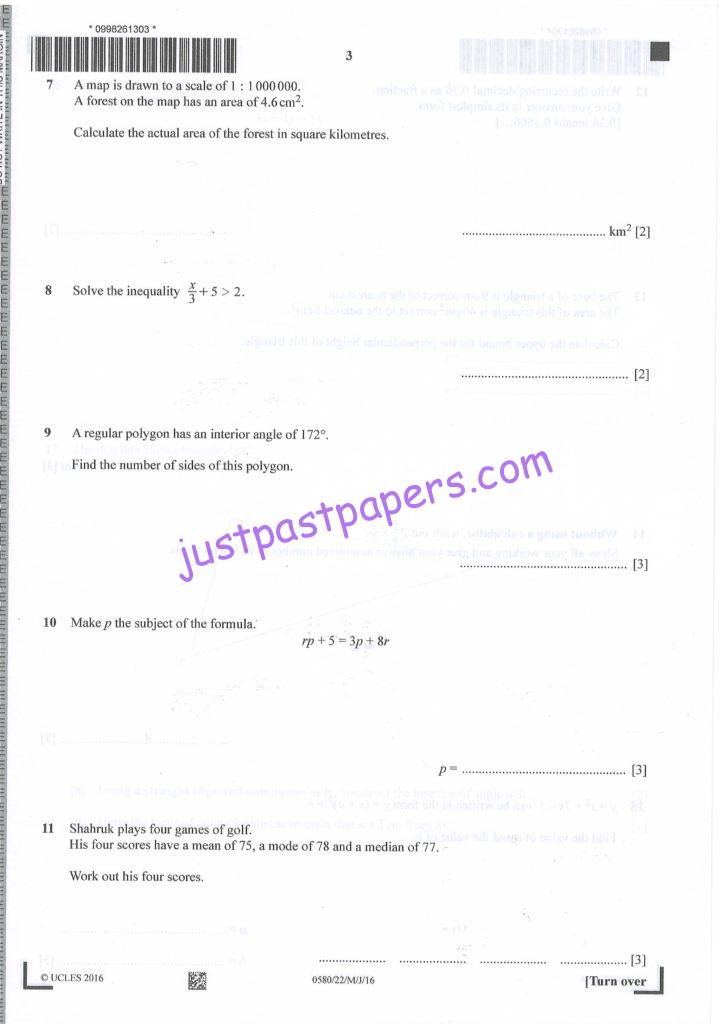CIE – 0580 MATHEMATICS (Extended), PAPER 22 , MAY/JUNE 2016 – Question ...