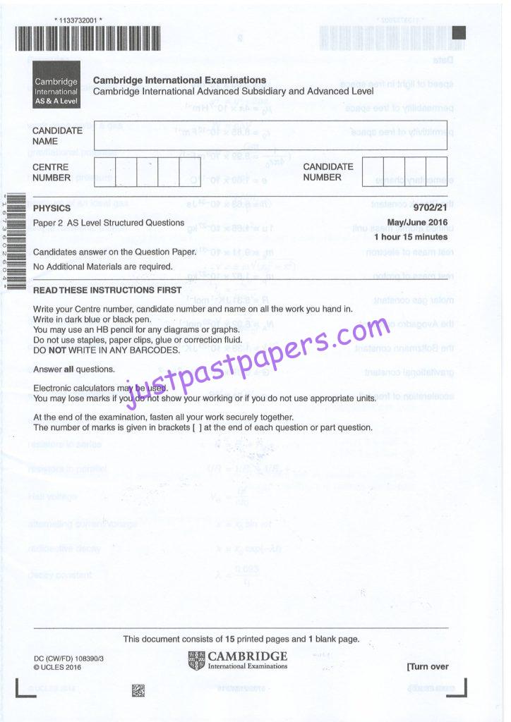 CIE – 9702 Physics, AS Level, Paper 2, May/June 2016 Question Paper ...